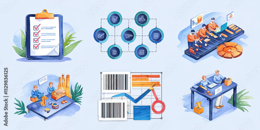 Watercolor Illustration Business Process Teamwork Inventory Management ...