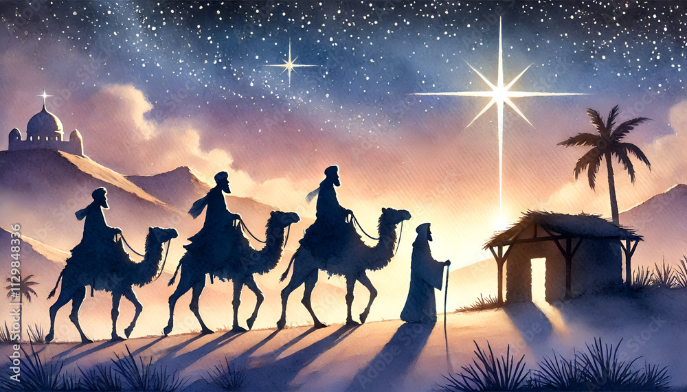 Watercolor illustration showing silhouettes of three wise men on camels ...