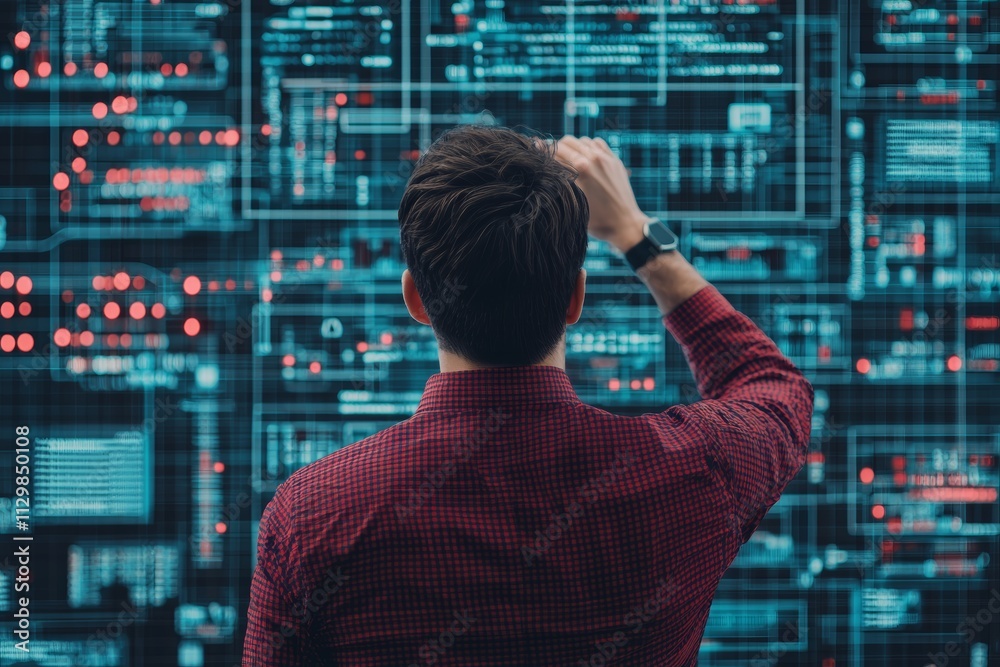 Intense focus, A programmer deciphers complex code on massive screens ...