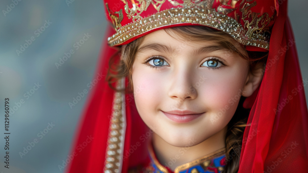 Happy portrait of a cute arabic child in national dress with a subtle ...