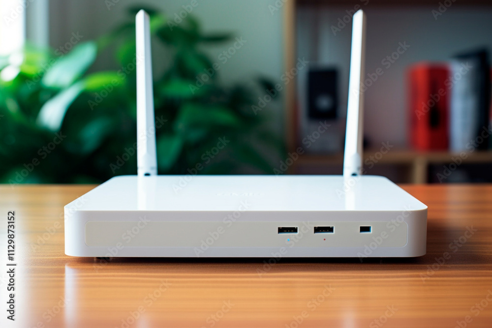 High-tech WiFi router modem on a surface. advanced technology and wide ...
