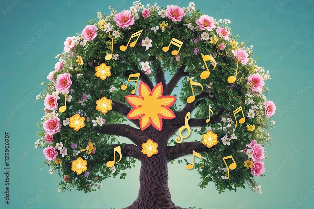 Vibrant Human Tree with Blossoms and Music Symbols Promoting Mental ...