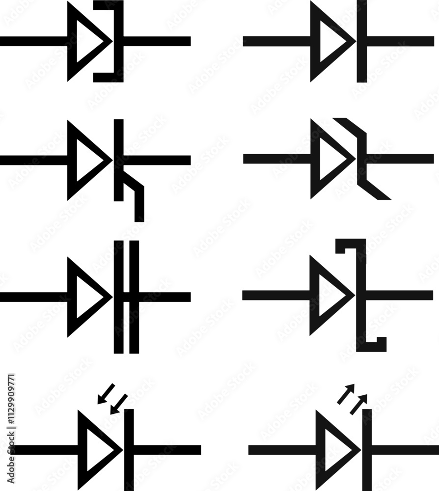 set of diode symbols in clean black lines includes Rectifier, Zener, Light-Emitting (LED ...