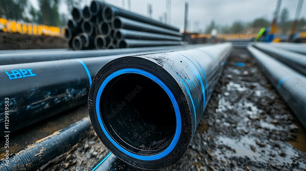 Black HDPE. A black HDPE (high-density polyethylene) pipe in the ...
