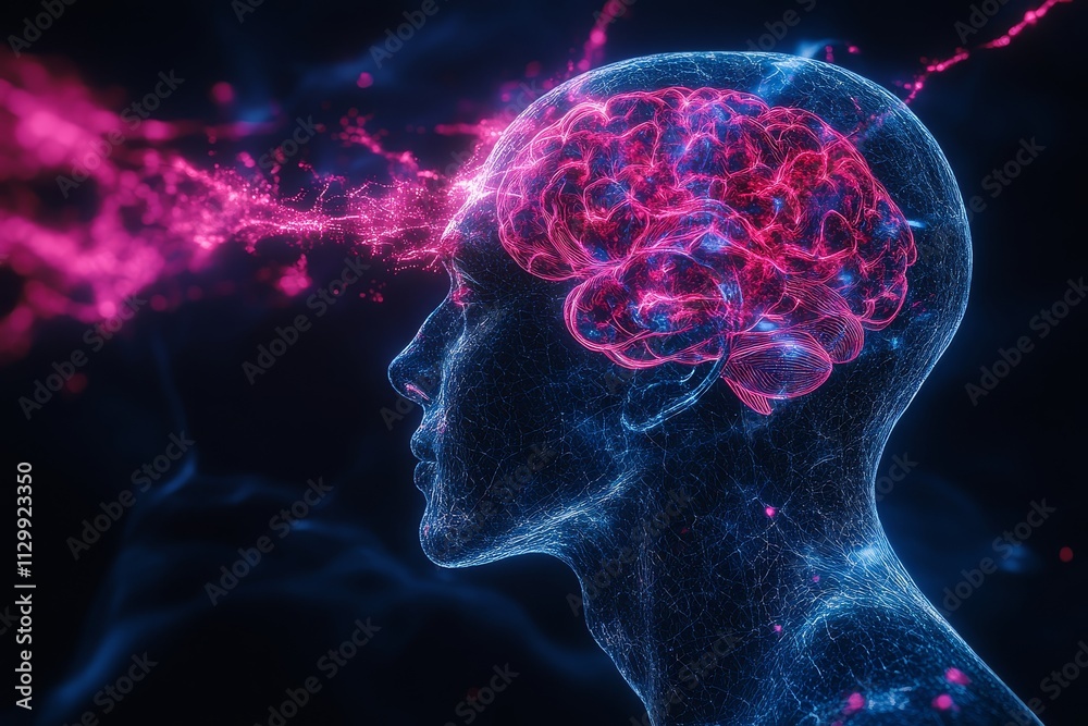 Human brain illustration with visible neurons and capillaries, glowing ...