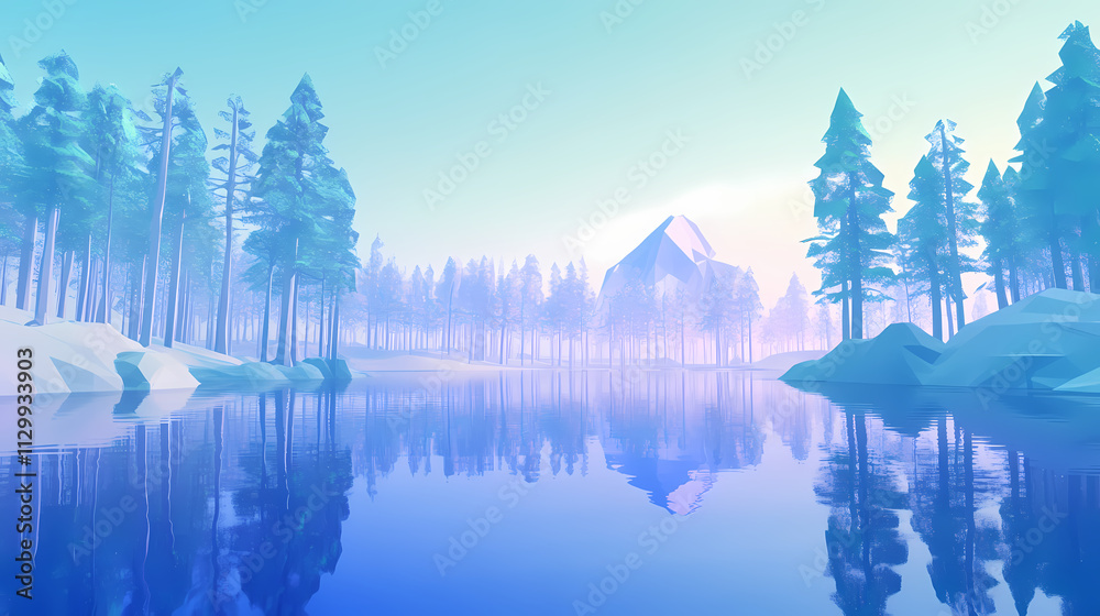 Holographic low-poly northen lake with forest landscape. beautiful ...