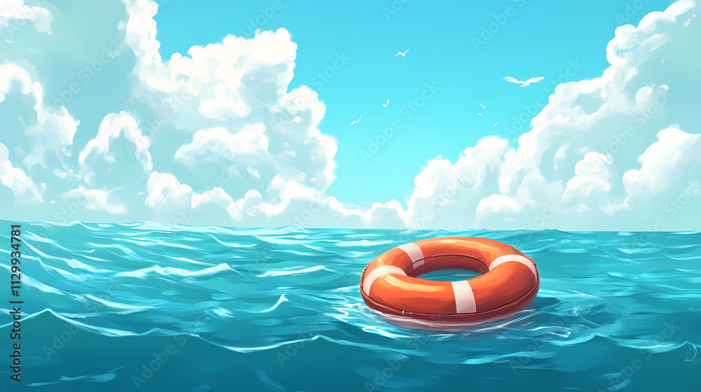 Lifebuoy floating in the sea to help people stay safe. Drift ...