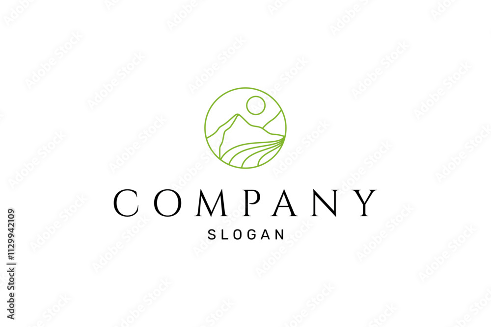 mountain view logo in circle frame with green line art design Stock ...