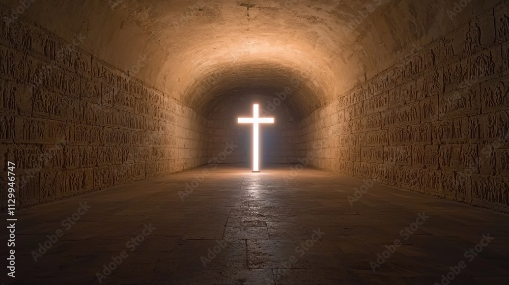 An ancient underground crypt with arched ceilings, dimly lit by ...