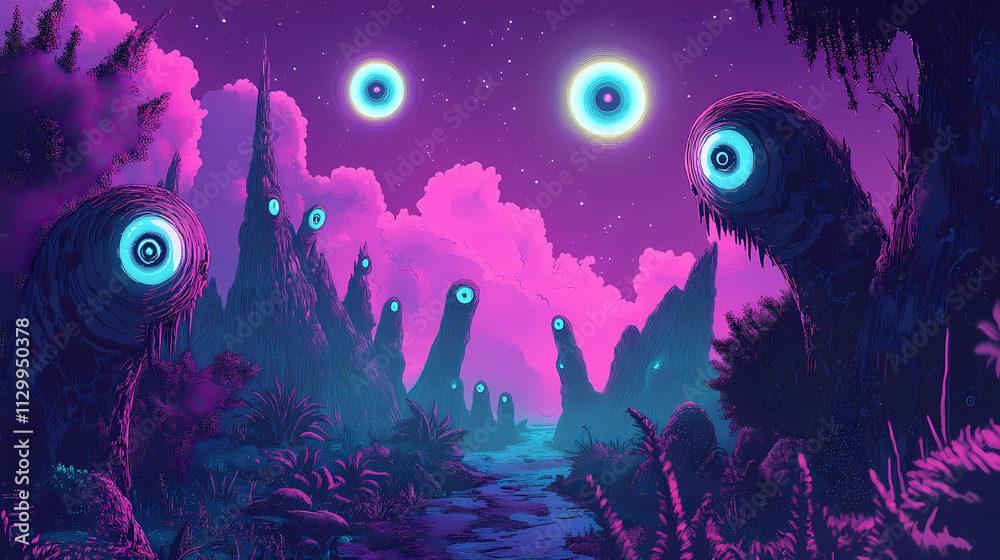 Technicolor dreamscape of cartoon psychedelia, electric purple backdrop ...