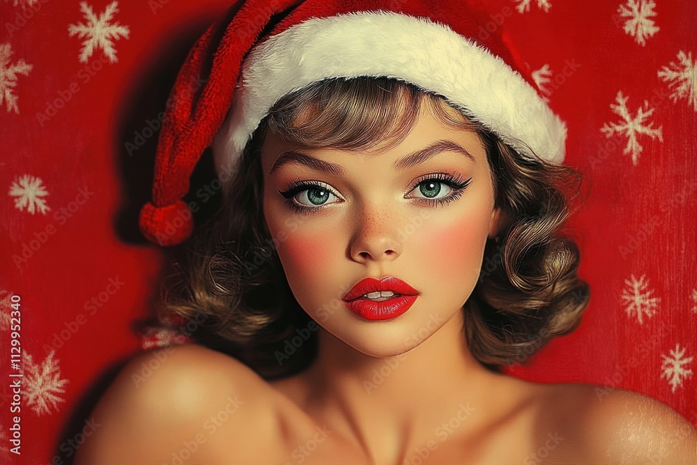 Vintage Pin-Up Girl in Santa Hat on Red Background Nostalgic 1950s ...