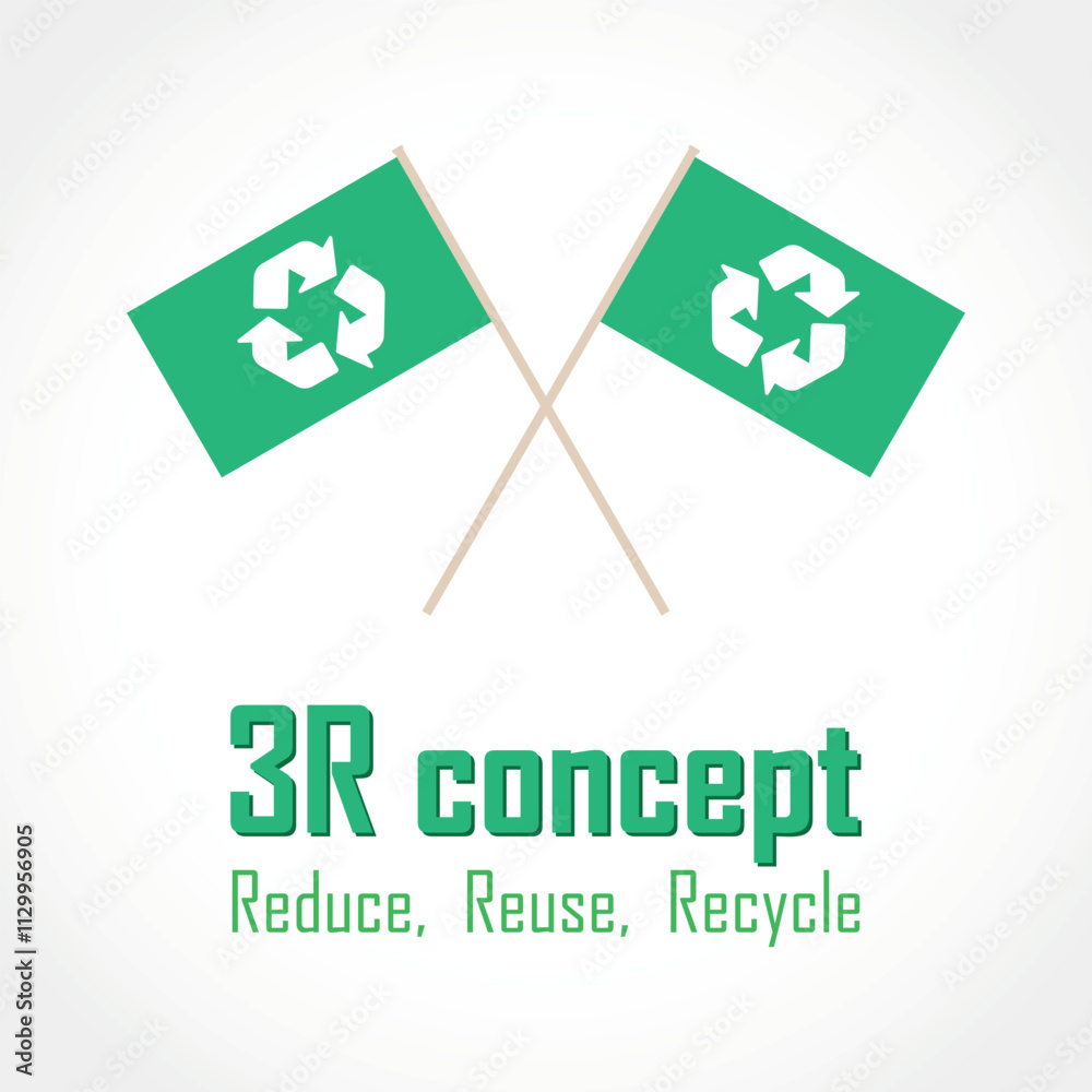 Green flag with recycle sign, Waste management, 3r concept, reduce pollution, reuse material ...