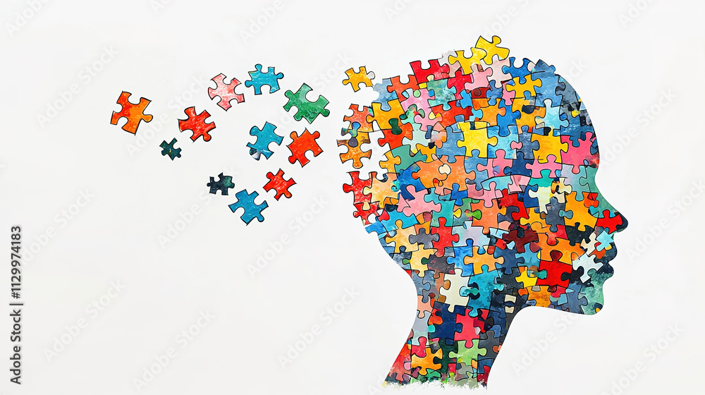 Human head profile and jigsaw puzzle, cognitive psychology or ...