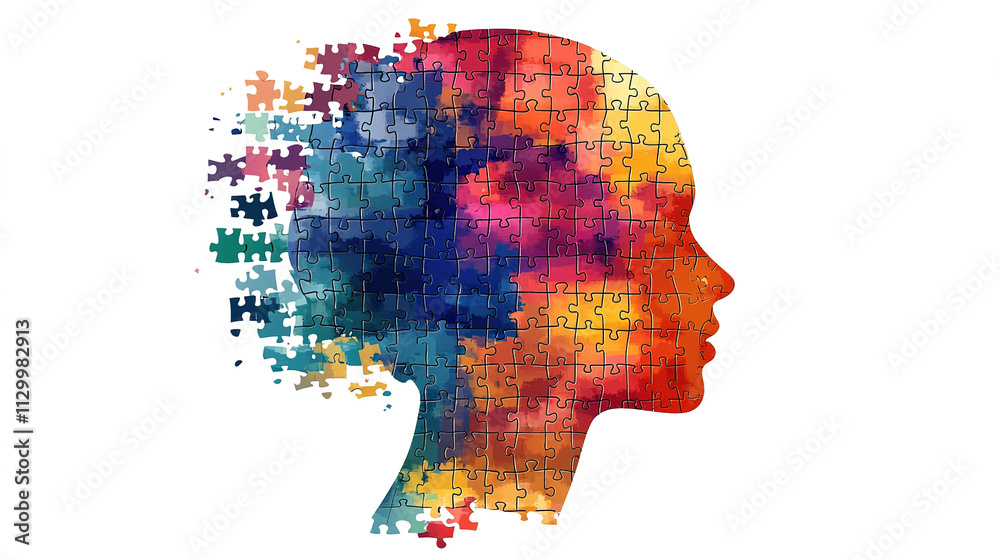 Human head profile and jigsaw puzzle, cognitive psychology or ...