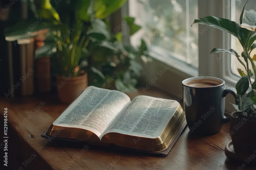 Open Bible on wooden table, coffee nearby, plants in background ...