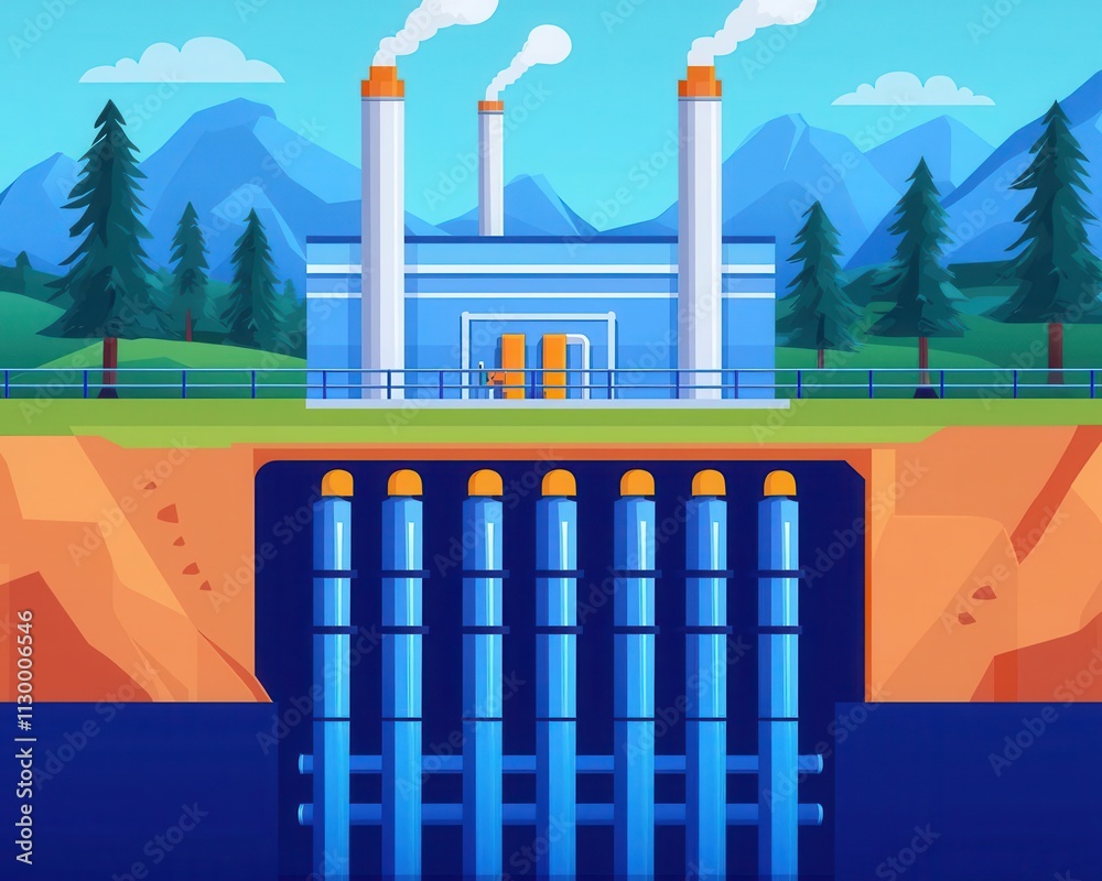 Detailed conceptual schematic of a geothermal plant, minimalist civil ...