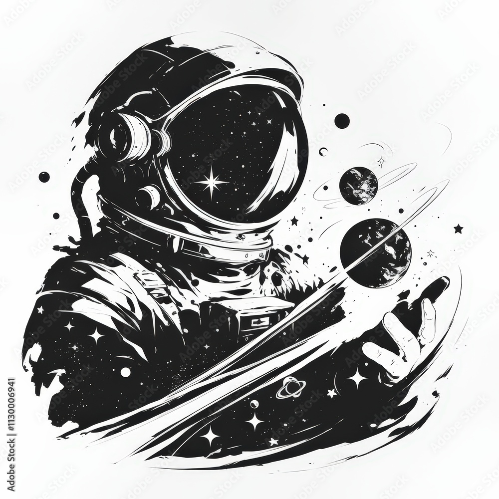 Bold black ink illustration of a cosmic astronaut helmet surrounded by ...