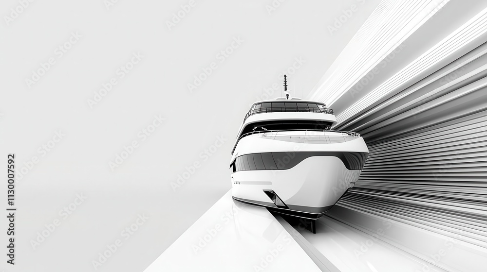 Detailed schematic of a minimalist urban ferry system, sleek ...