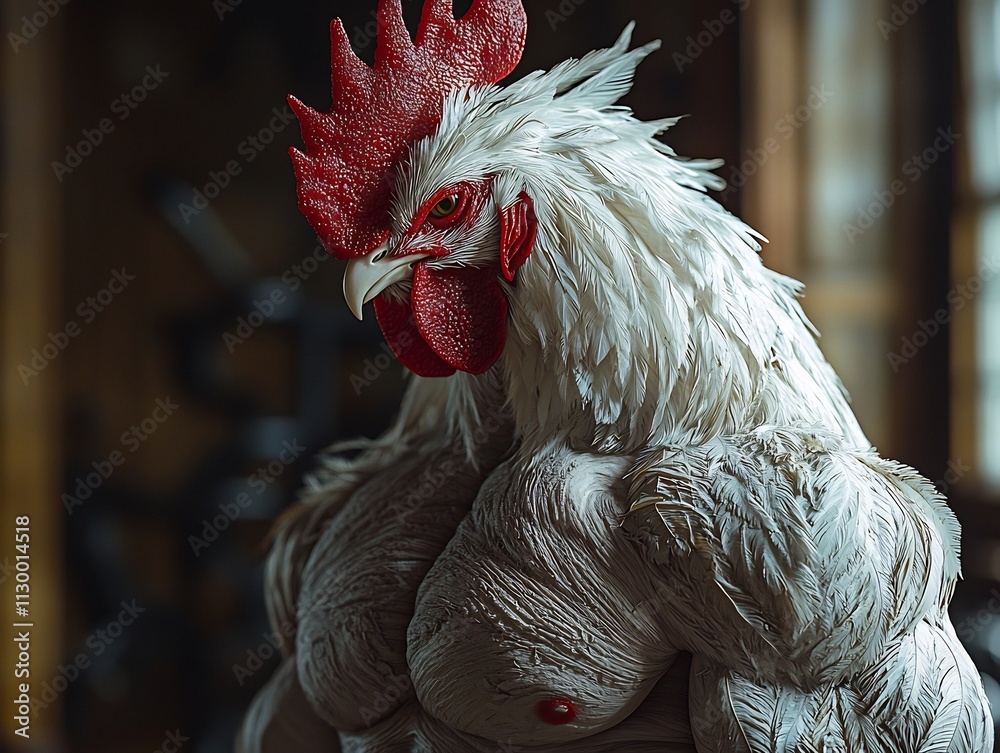 Powerful Rooster Bodybuilder Flexing in Rustic Gym with Feather Muscle ...
