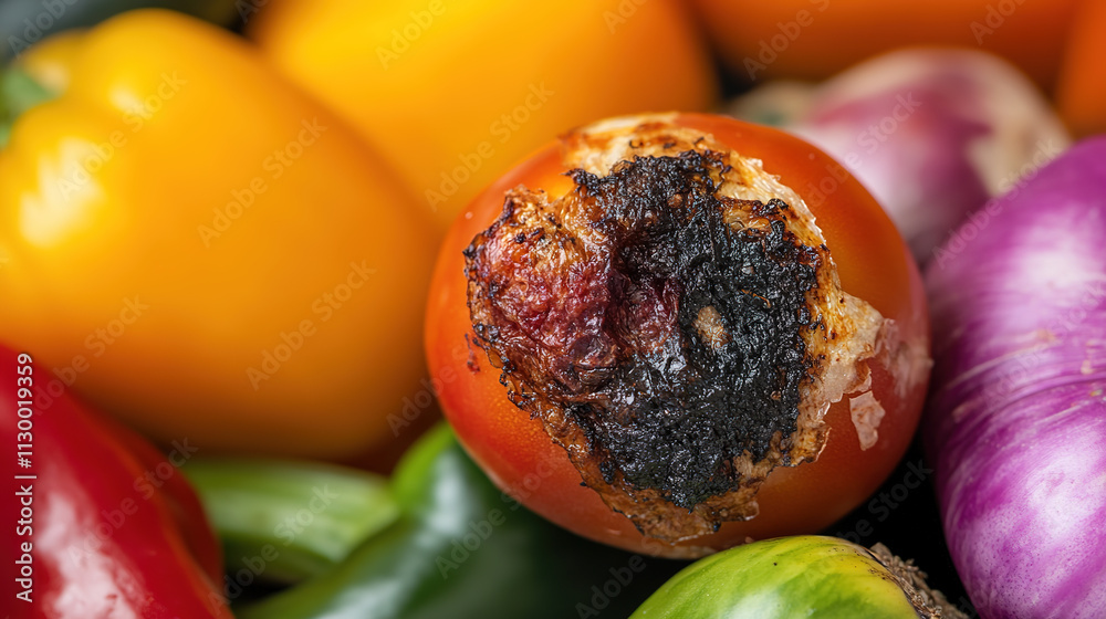 Fresh vegetables with a single rotten tomato in the center, symbolizing ...