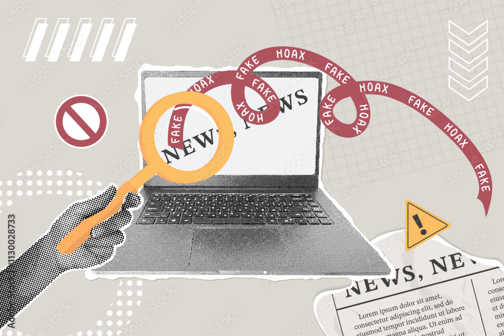 Trendy halftone collage. Concept of fake websites on laptop,fake news ...
