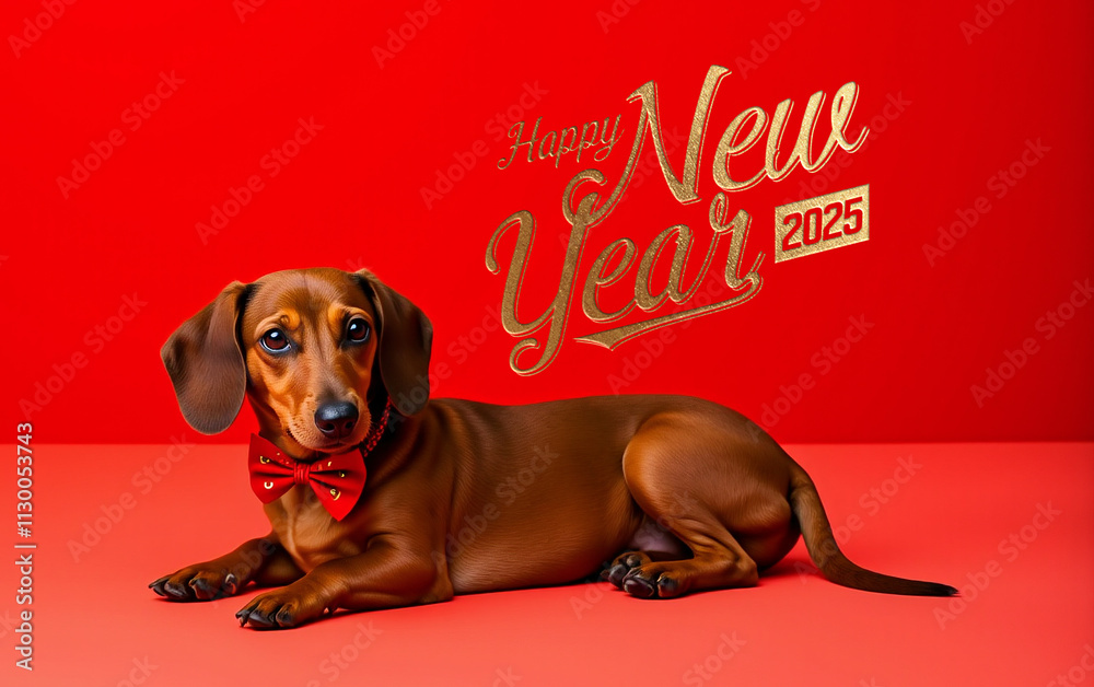 Foto de Stock Cute Dog with New Year 2025 Decorations - Lunar New Year ...