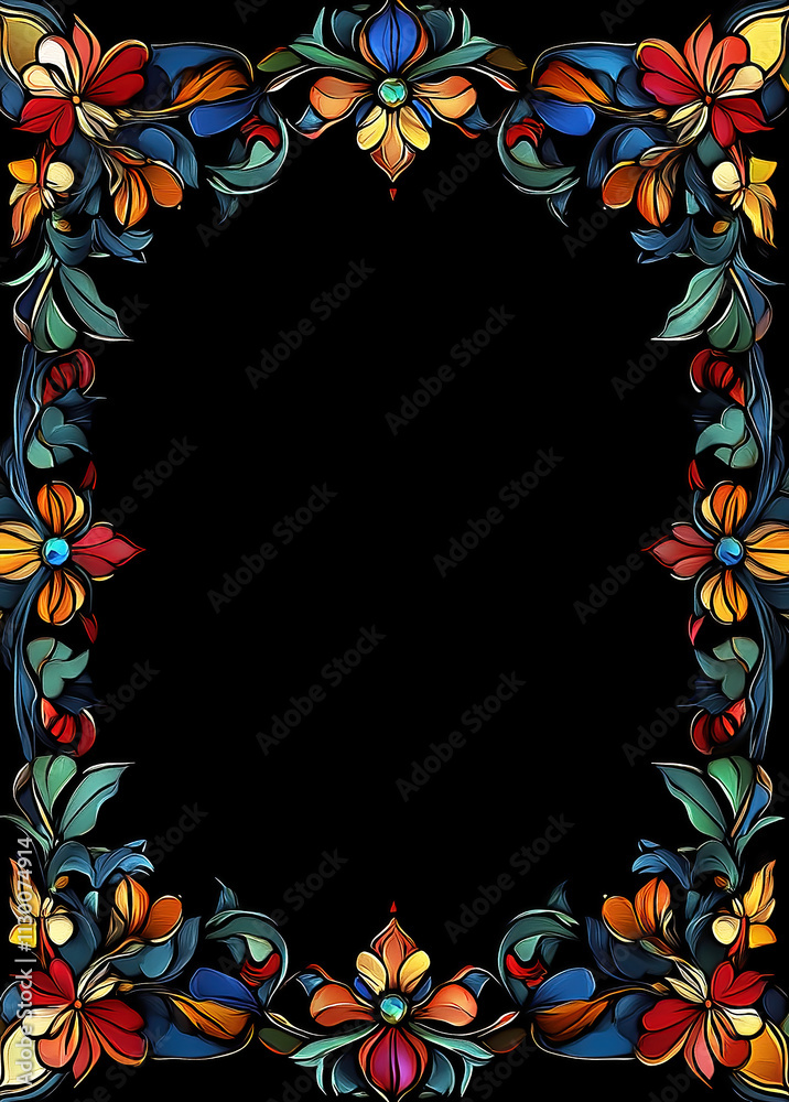 Brightly colored stained glass effect medieval floral style page border ...