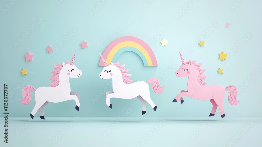 Unicorns with Rainbows A group of unicorns dancing under a rainbow ...