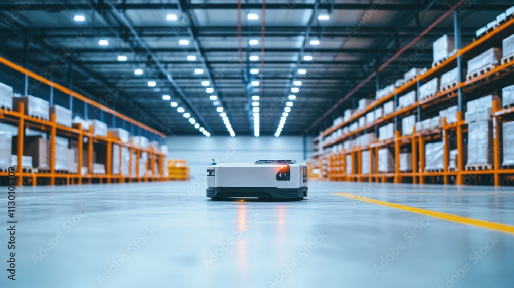 A high-tech AI-powered autonomous warehouse robot, clean logistics center with robots designed ...