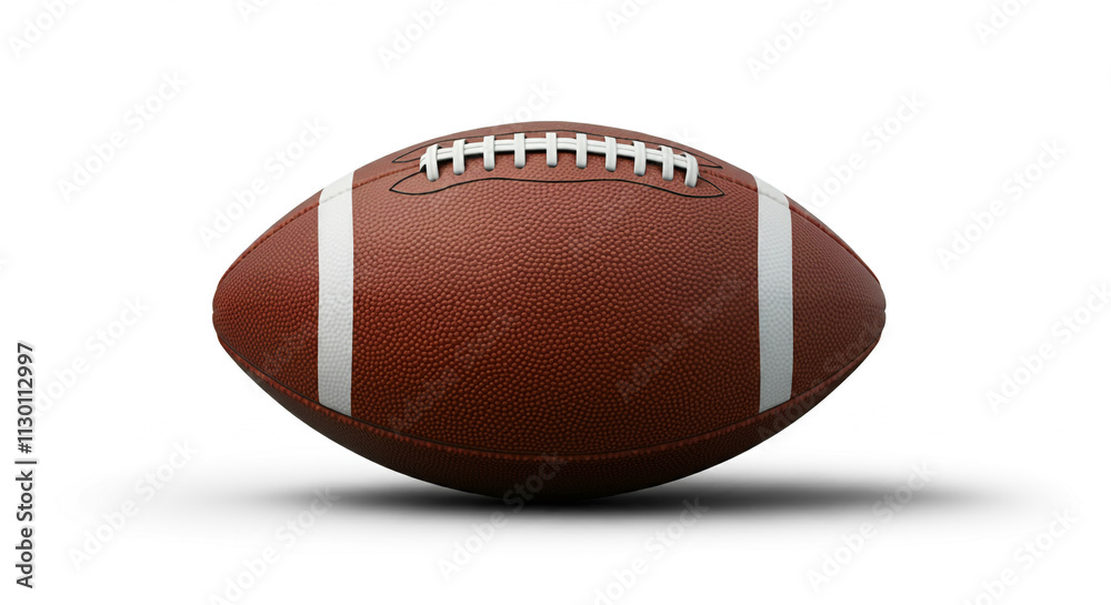 A detailed view of an American football with visible stitching and ...
