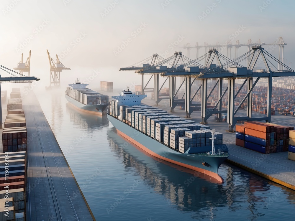 illustration of multiple cargo ship loaded in a port with an ocean view ...