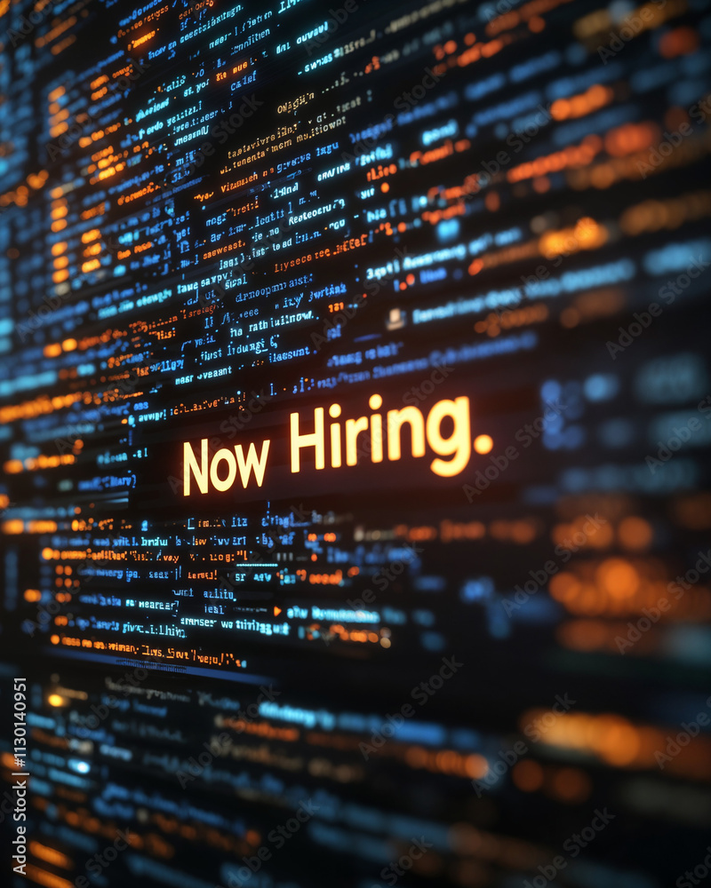 Now Hiring glowing text on colorful programming code background, tech ...