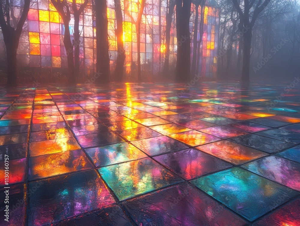 Translucent glowing tiles reflecting sunset colors outdoor urban space ...