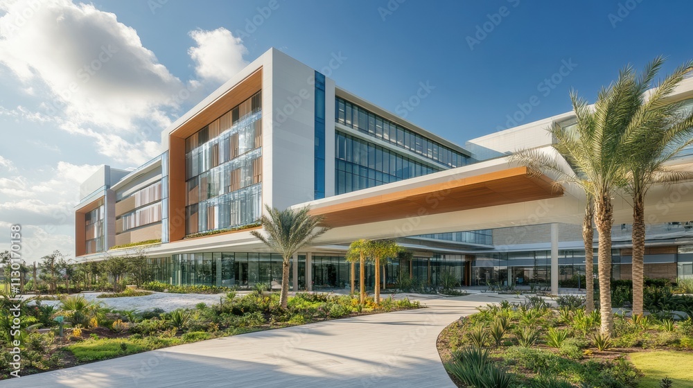 Modern hospital with an innovative glass and rooftop garden ...