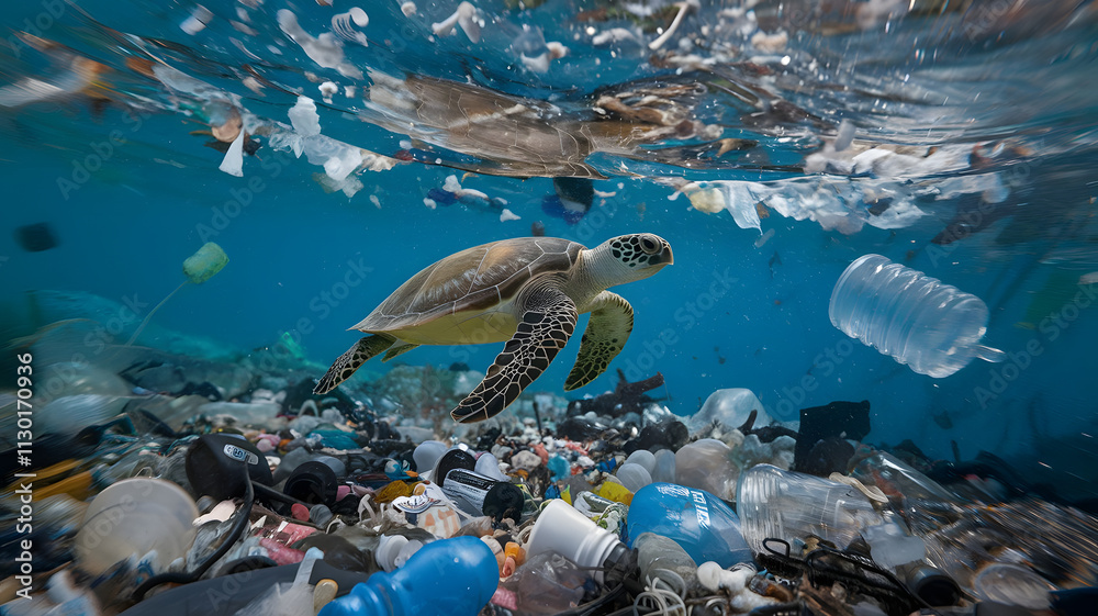 powerful image of a sea turtle swimming through a sea of plastic debris ...