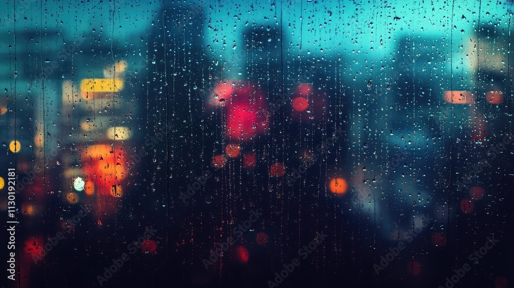 Rainy cityscape view with blurred lights seen through a wet window ...