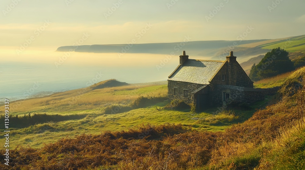 Remote farmhouse on a grassy hillside overlooking blue sea with distant ...