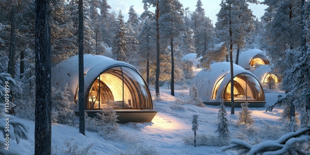 Snow covered pine forest features unique accommodations made of curved glass. These structures ...