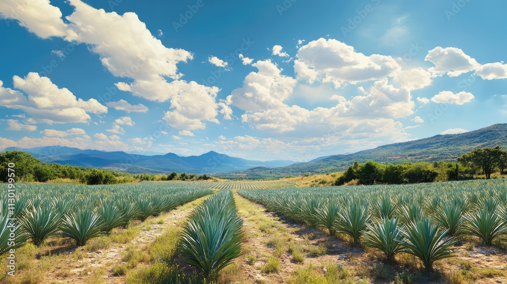 Agave fields under a clear blue sky with clouds showcasing vibrant ...