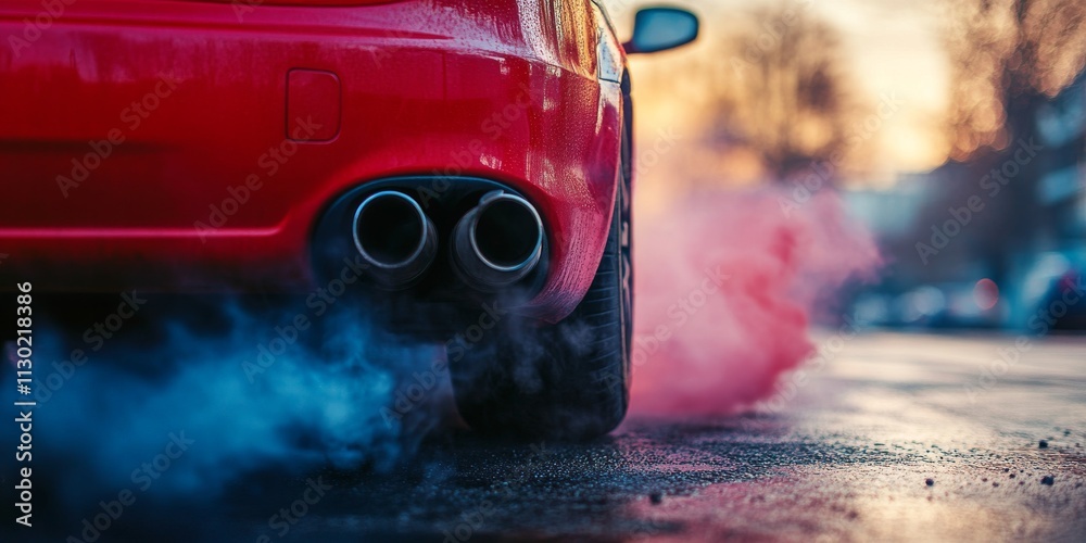 Exhaust fumes emerge from the pipe during the engine start of a red car ...