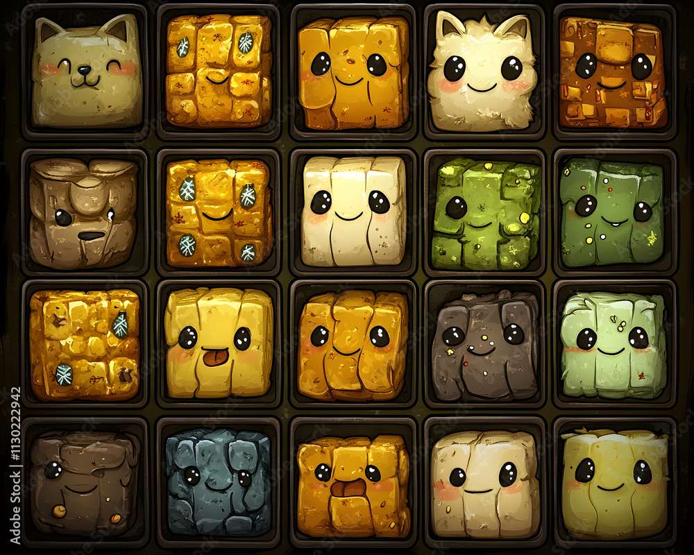 Cute cartoon square characters with various textures and expressions ...