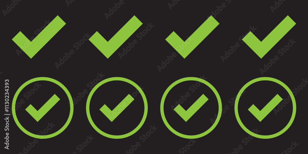 Green check mark and red cross icon set. Circle and square. Tick symbol in green color, vector ...