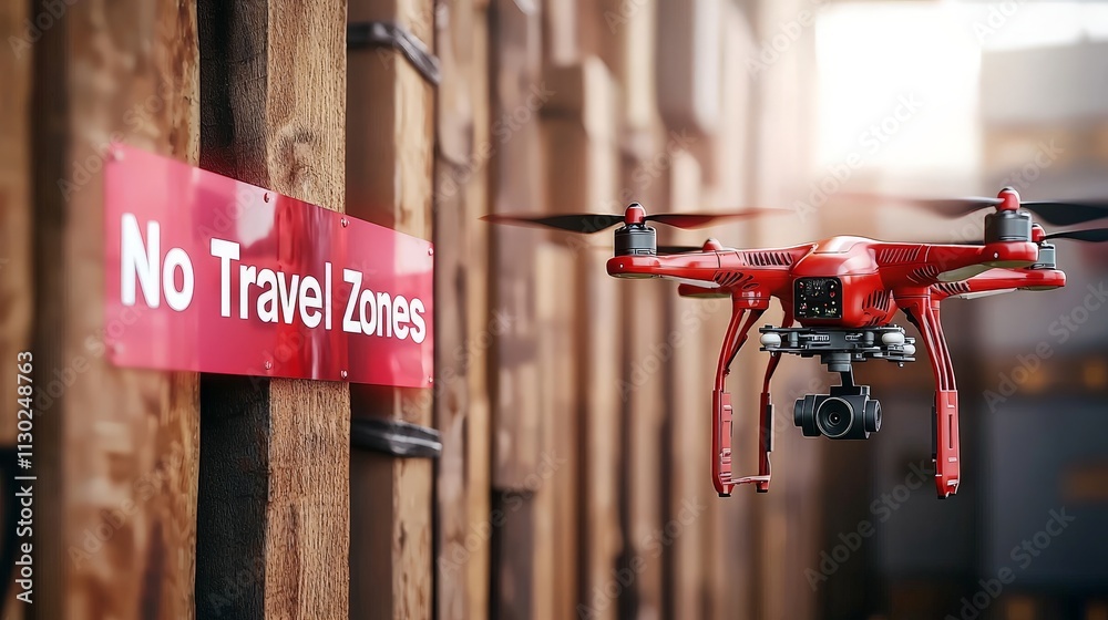 travel restrictions borders concept. Drone flying near a warning sign ...