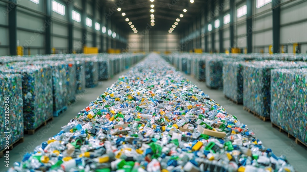 A vast recycling facility filled with colorful plastic bottles stacked ...
