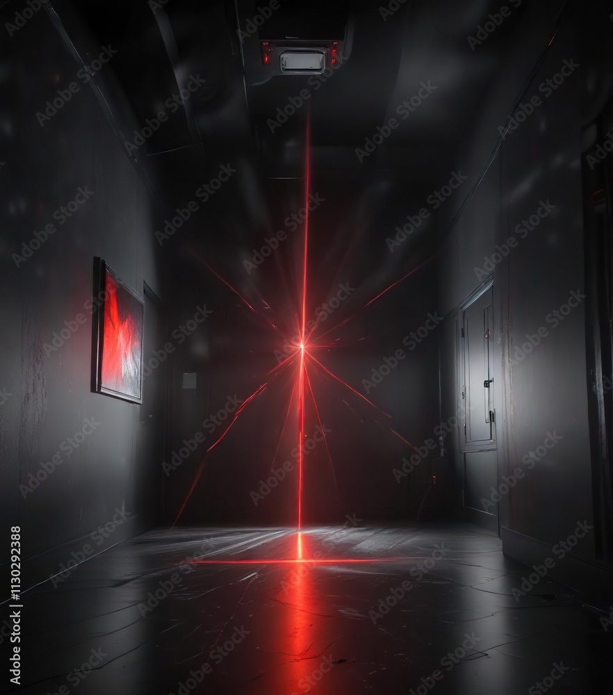 A bright red laser beam illuminates a dark room on a black background ...