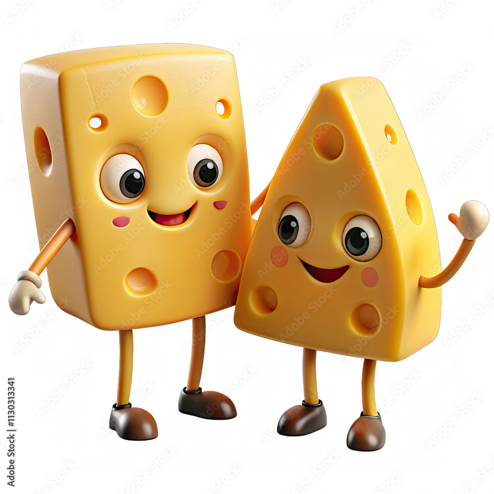 Two adorable cheese characters with cheerful expressions and limbs pose ...