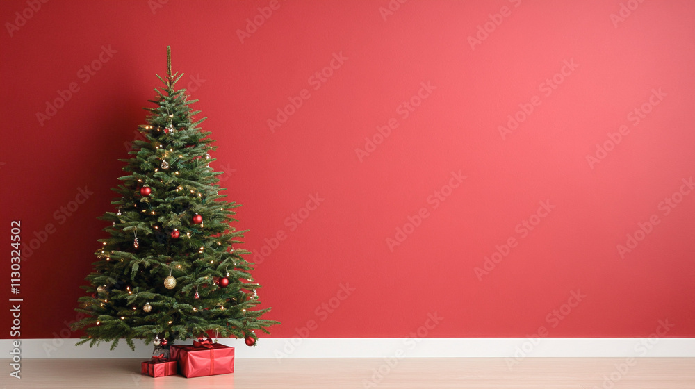 Árbol de Navidad decorado con luces cálidas y adornos rojos y dorados ...