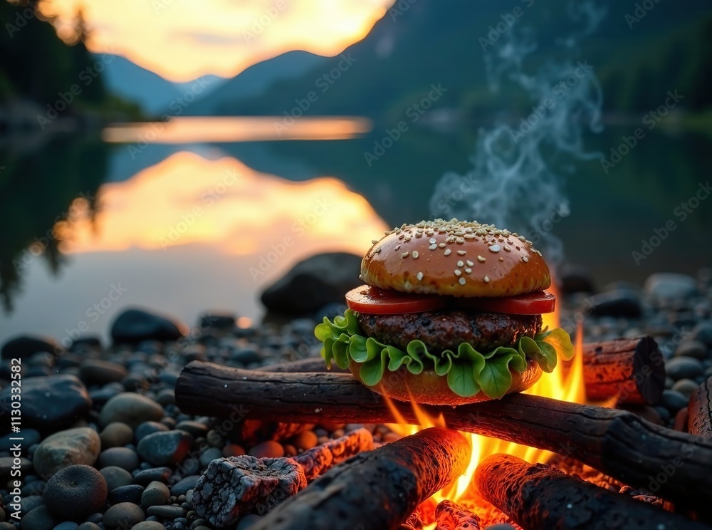 Camping Burger Lake Shore Cookout AI Photo, Wild Camp Feast Stock ...