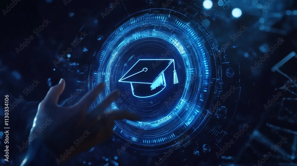 luminous blue circular interface, graduation cap hologram, dark ...