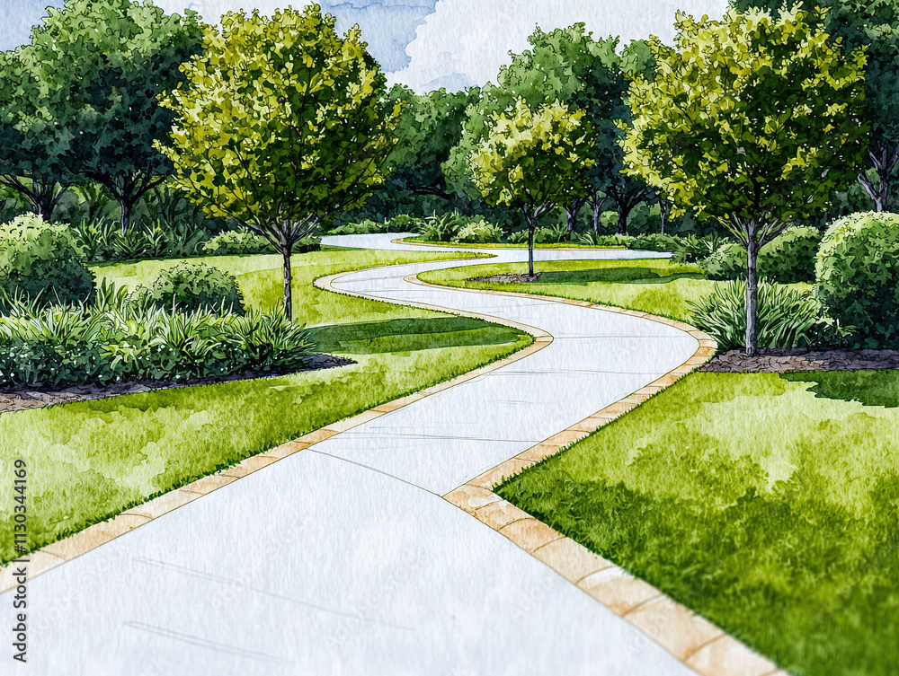 garden design sketch featuring winding pathways, trees, and lush plants ...